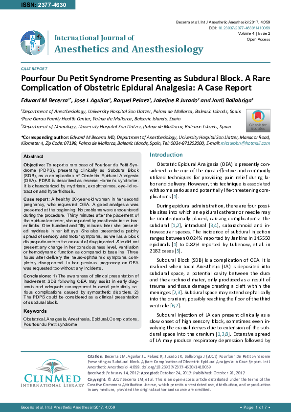 (PDF) Pourfour Du Petit Syndrome Presenting as Subdural Block. A Rare ...