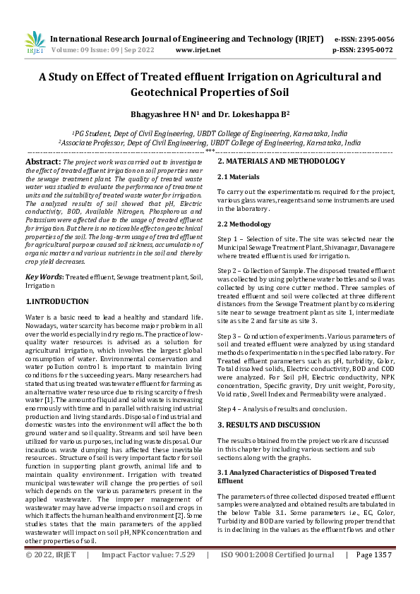 (PDF) A Study on Effect of Treated effluent Irrigation on Agricultural ...