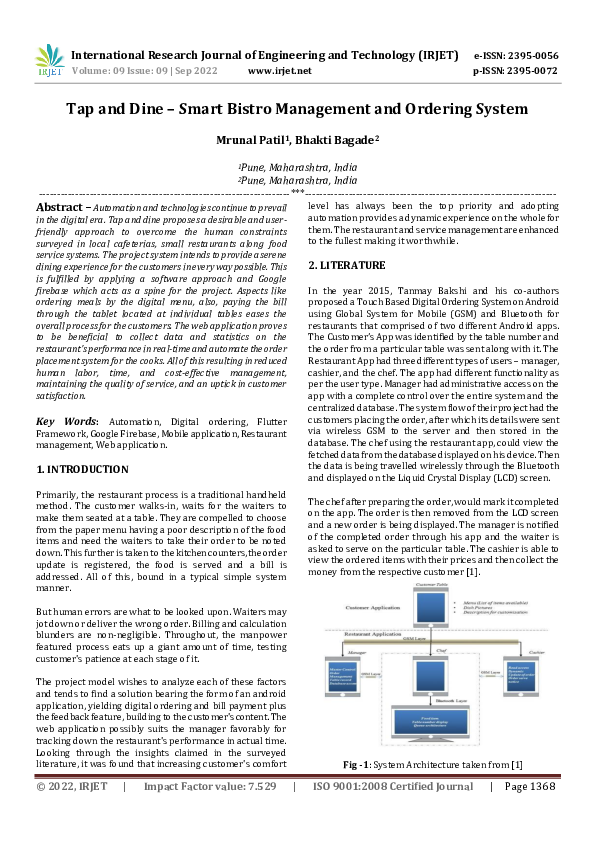 (PDF) Tap and Dine -Smart Bistro Management and Ordering System