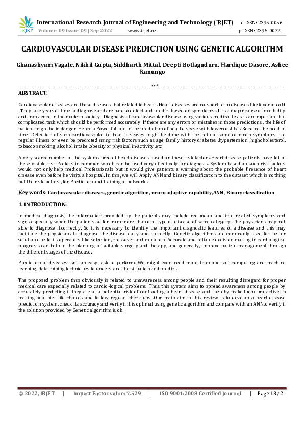 (PDF) CARDIOVASCULAR DISEASE PREDICTION USING GENETIC ALGORITHM