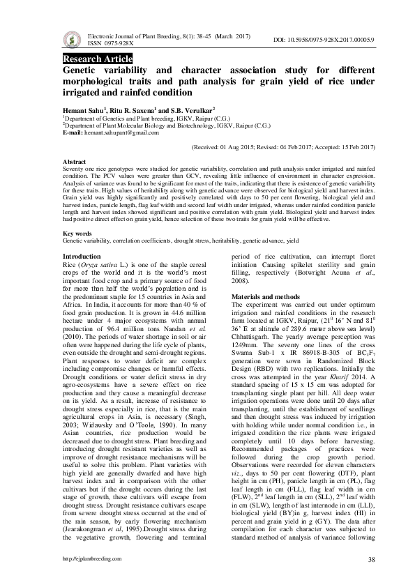 (PDF) Genetic variability and character association study for different morphological traits and ...