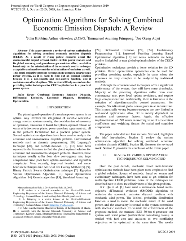 (PDF) Optimization Algorithms for Solving Combined Economic Emission Dispatch: A Review