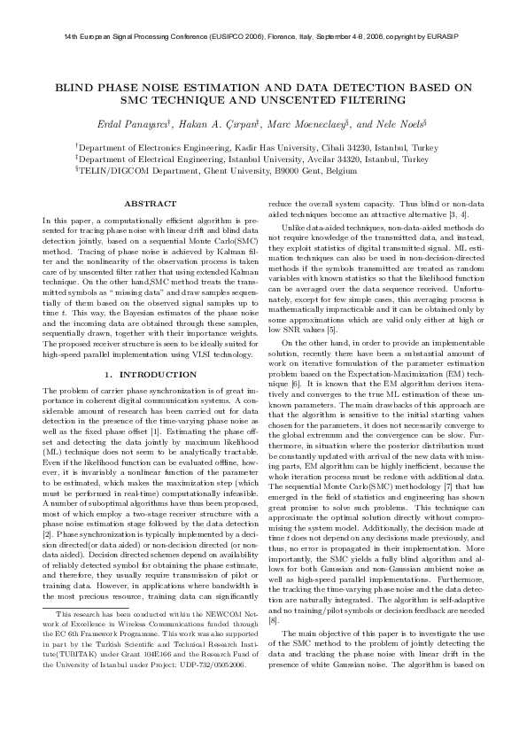 (PDF) Blind Phase Noise Estimation And Data Detection Based On Smc Technique And Unscented Filtering