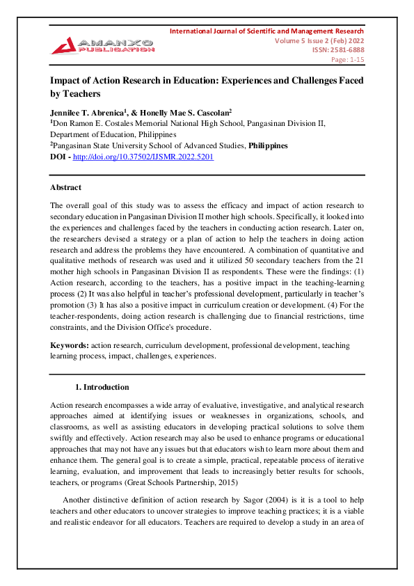 (PDF) Impact of Action Research in Education: Experiences and Challenges Faced by Teachers