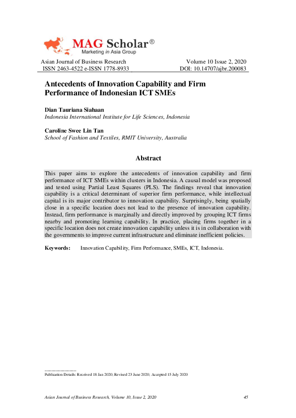 Pdf Antecedents Of Innovation Capability And Firm Performance Of Indonesian Ict Smes