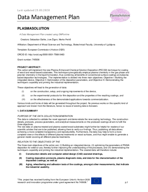 (PDF) Data Management Plan for the MSCA project PlasmaSolution