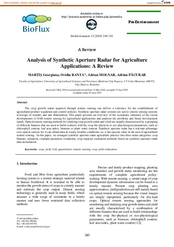 (PDF) Analysis of Synthetic Aperture Radar for Agriculture Applications ...