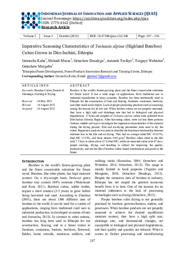 (PDF) Imperative Seasoning Characteristics of Yushania alpina (Highland ...