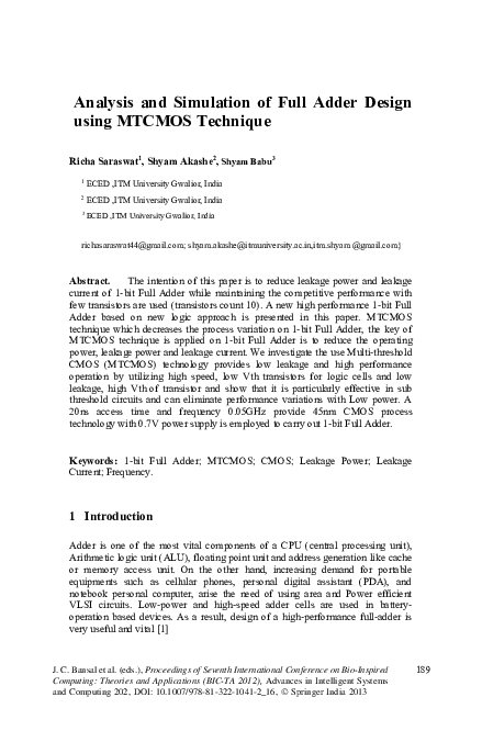 (PDF) Analysis and Simulation of Full Adder Design Using MTCMOS Technique