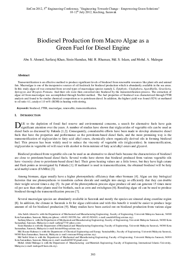 (PDF) Biodiesel Production from Macro Algae as a Green Fuel for Diesel ...