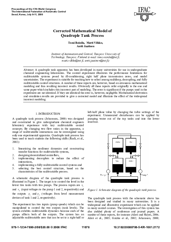 (PDF) Corrected mathematical model of quadruple tank process