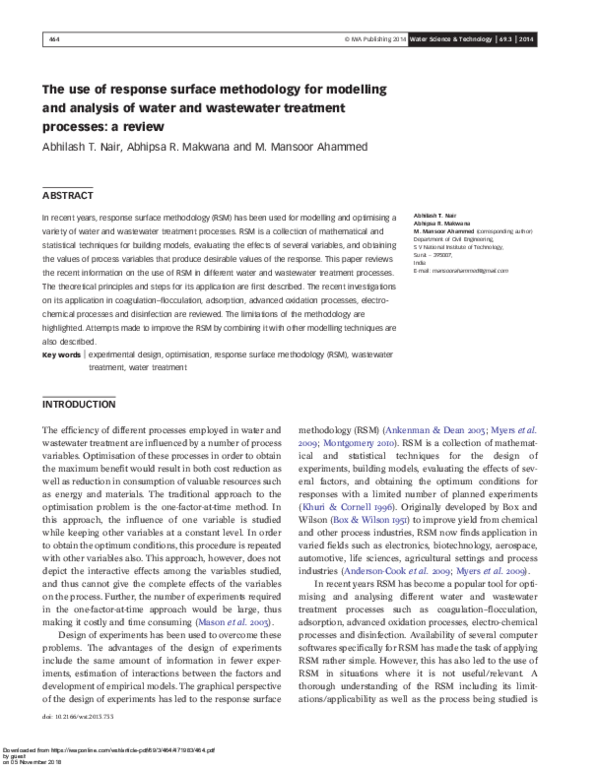 (PDF) The use of response surface methodology for modelling and analysis of water and wastewater ...