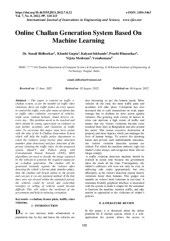 (PDF) Online Challan Generation System Based On Machine Learning