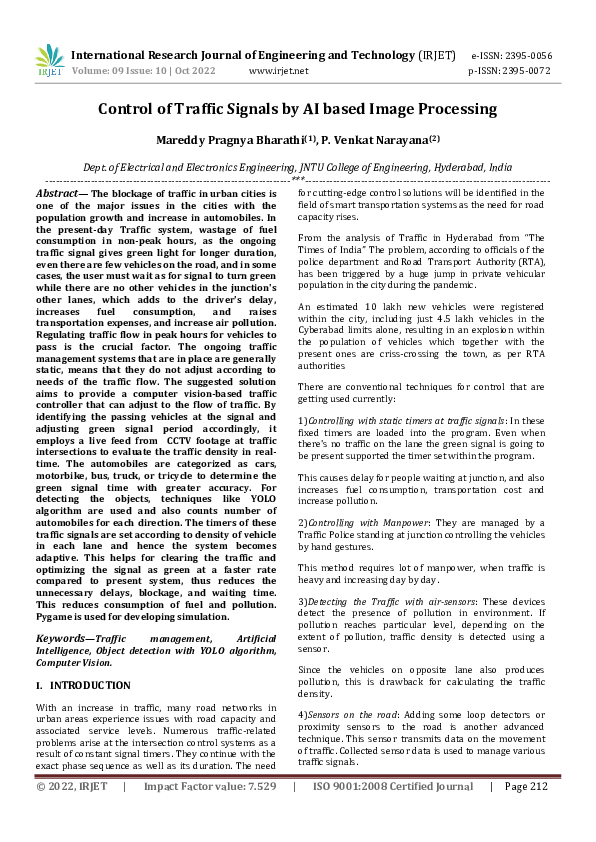 Pdf Control Of Traffic Signals By Ai Based Image Processing