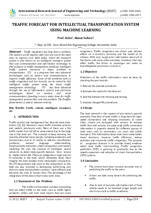 (PDF) TRAFFIC FORECAST FOR INTELLECTUAL TRANSPORTATION SYSTEM USING ...