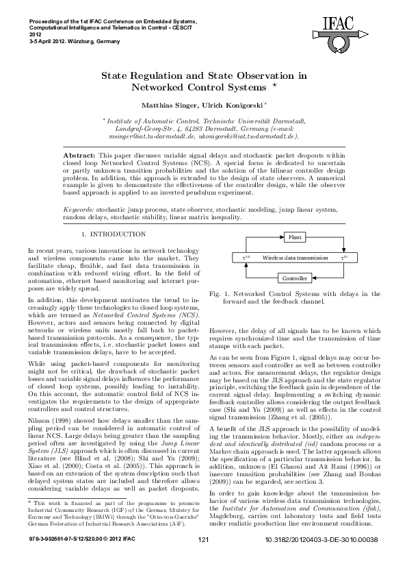 (PDF) State Regulation and State Observation in Networked Control Systems