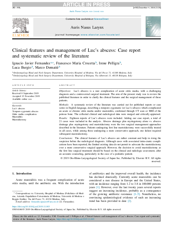 Clinical features and management of Luc's abscess: Case report and systematic review of the ...
