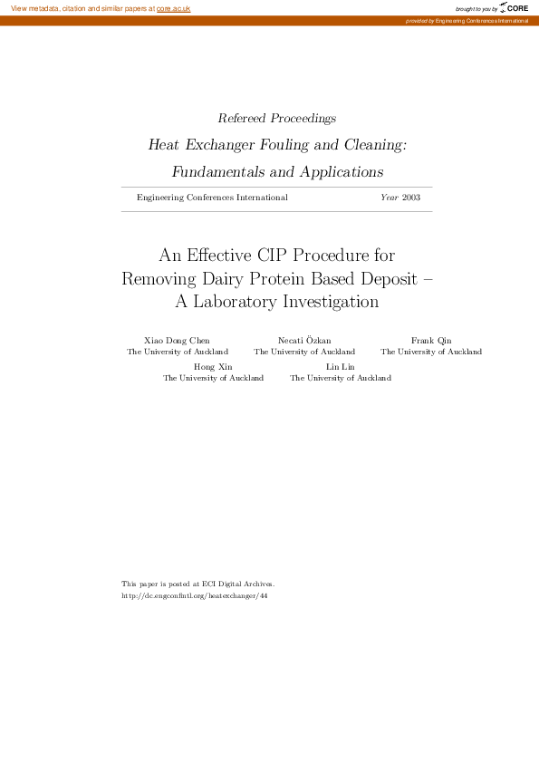(PDF) An Effective CIP Procedure for Removing Dairy Protein Based Deposit A Laboratory Investigation
