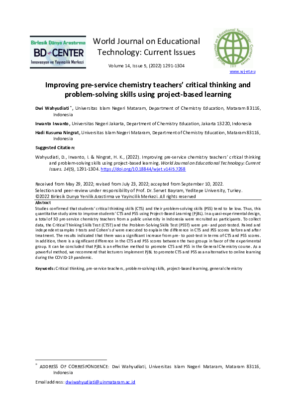 (PDF) Improving pre-service chemistry teachers’ critical thinking and ...