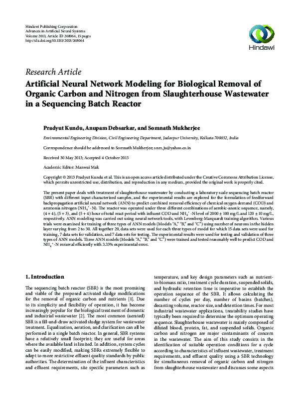 (PDF) Artificial Neural Network Modeling for Biological Removal of Organic Carbon and Nitrogen ...