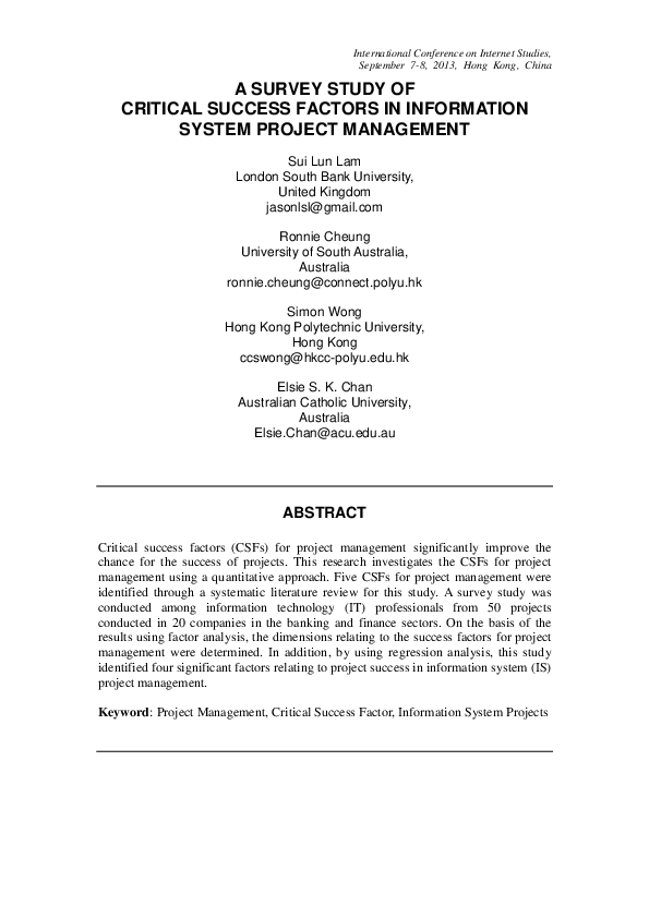 (PDF) A survey study of critical success factors in information system project management