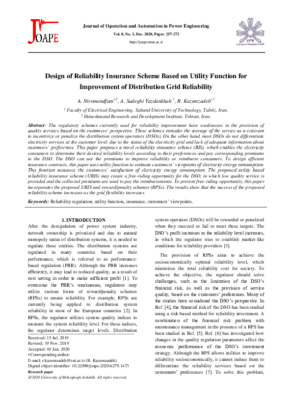 Pdf Design Of Reliability Insurance Scheme Based On Utility Function