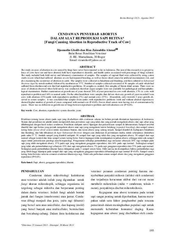 (PDF) Cendawan Penyebab Abortus Dalam Alat Reproduksi Sapi Betina
