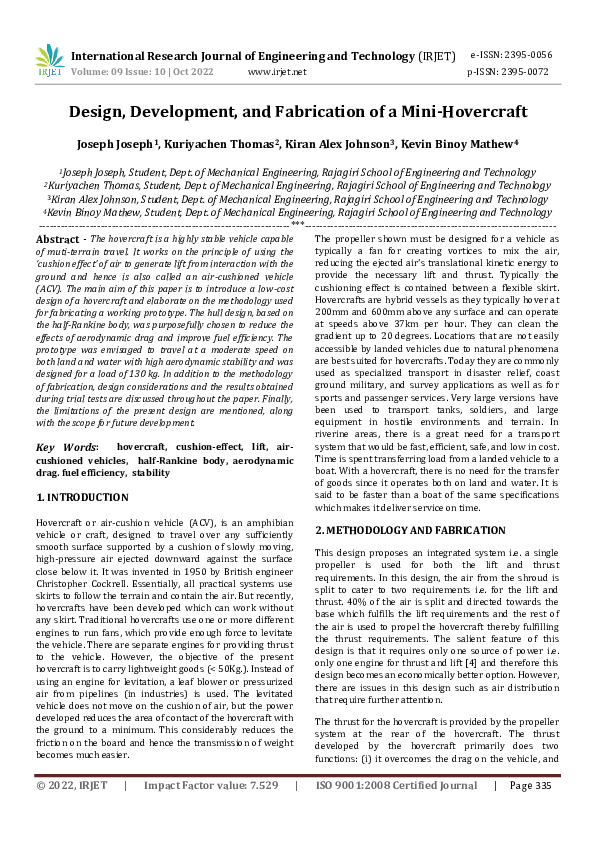 (PDF) Design, Development, and Fabrication of a Mini-Hovercraft (PDF) Design, Development, and Fabrication of a Mini-Hovercraft