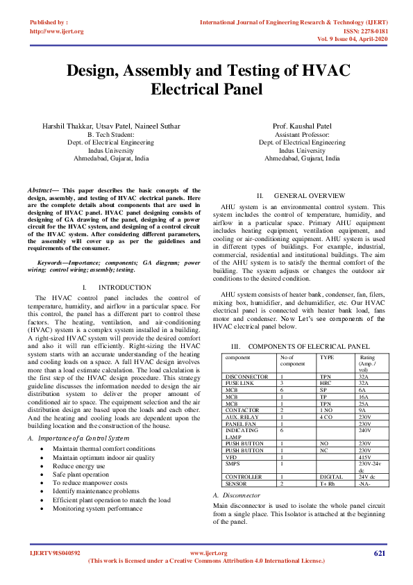 (PDF) Design, Assembly and Testing of HVAC Electrical Panel