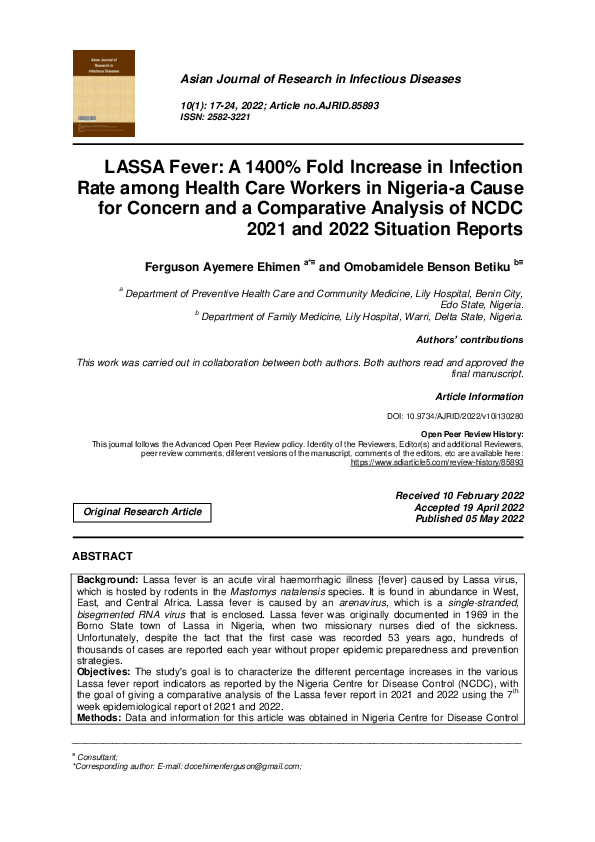 (PDF) LASSA Fever: A 1400% Fold Increase in Infection Rate among Health ...