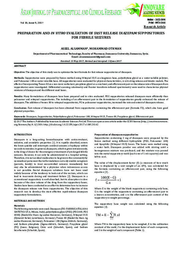 Pdf Preparation And In Vitro Evaluation Of Fast Release Diazepam Suppositories For Febrile