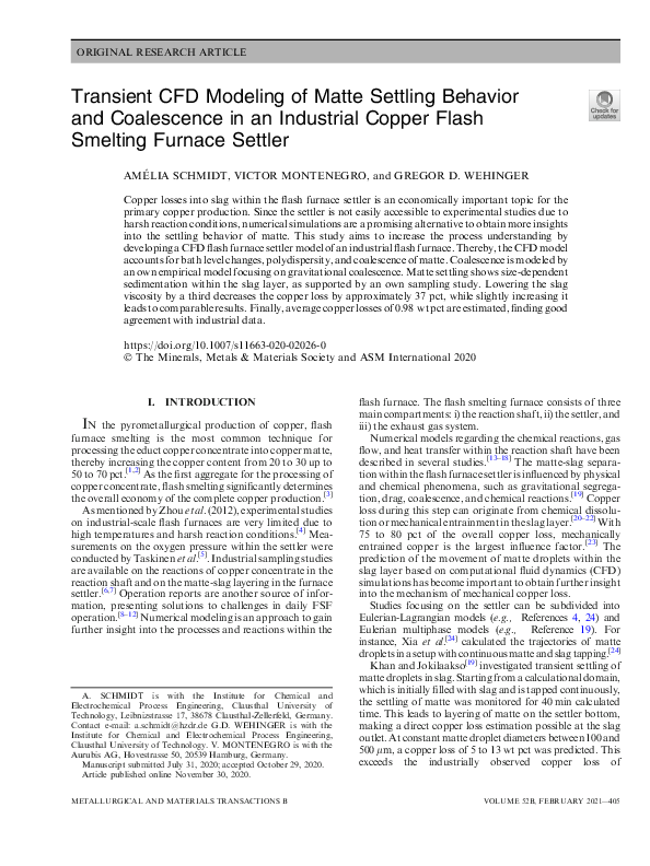 (PDF) Transient CFD Modeling of Matte Settling Behavior and Coalescence in an Industrial Copper ...
