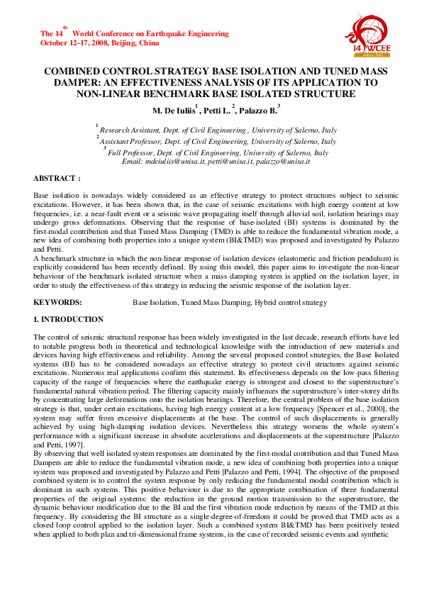 (PDF) Combined Control strategy base isolation and tuned mass dampers:an effectiveness analysis ...