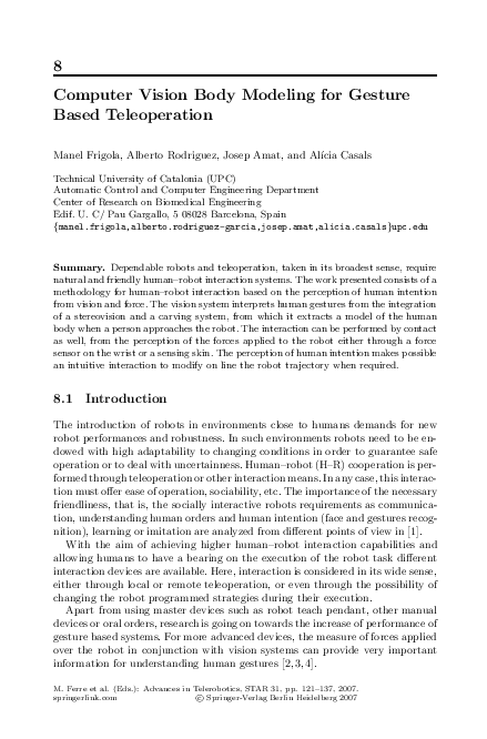 (PDF) Computer Vision Body Modeling for Gesture Based Teleoperation