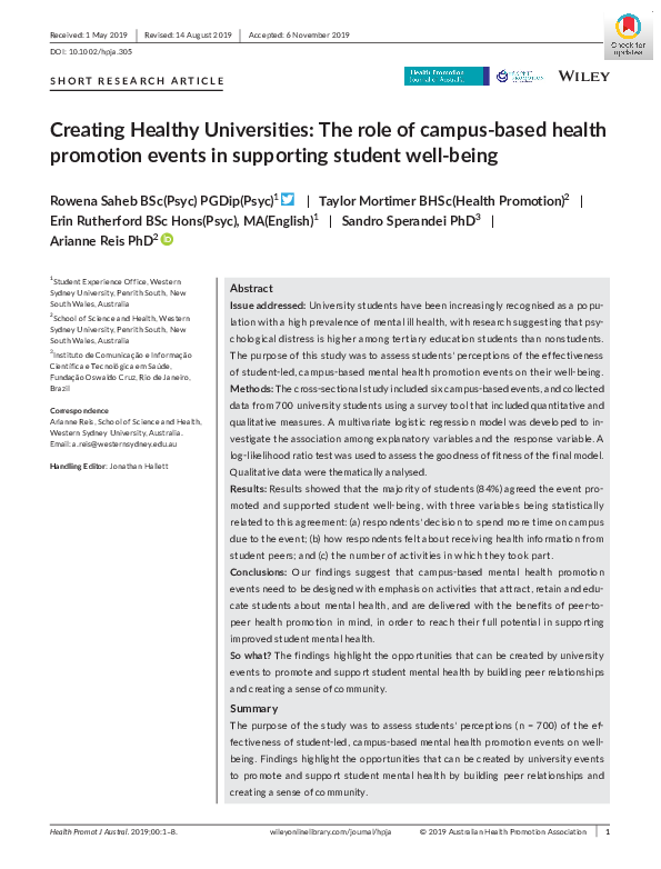 (PDF) Creating Healthy Universities: The role of campus‐based health ...
