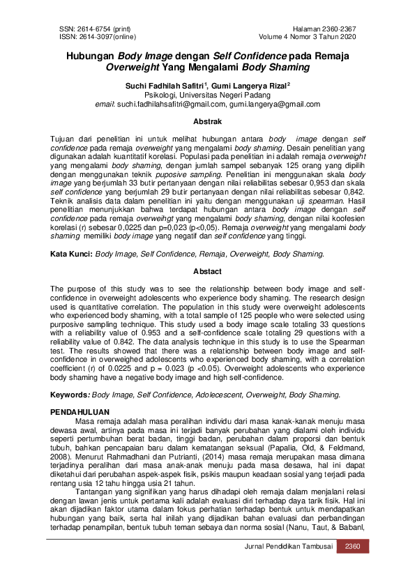(PDF) Hubungan Body Image dengan Self Confidence pada Remaja Overweight Yang Mengalami Body Shaming
