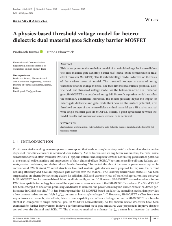 (PDF) A physics-based threshold voltage model for hetero-dielectric dual material gate Schottky ...