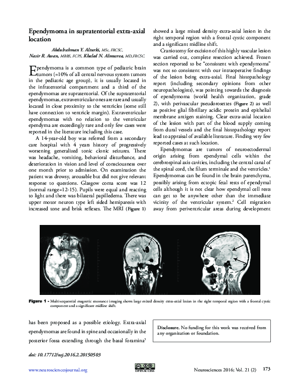 (PDF) Ependymoma in supratentorial extra-axial location