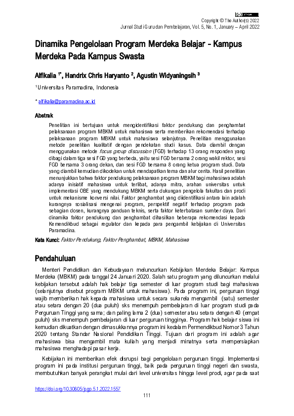 (PDF) Dinamika Pengelolaan Program Merdeka Belajar - Kampus Merdeka Pada Kampus Swasta