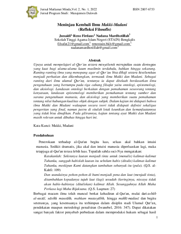 (PDF) Meninjau Kembali Ilmu Makki-Madani (Refleksi Filosofis)