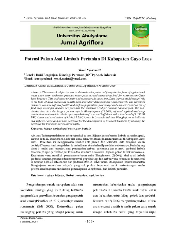 (PDF) Potensi Pakan Asal Limbah Pertanian DI Kabupaten Gayo Lues