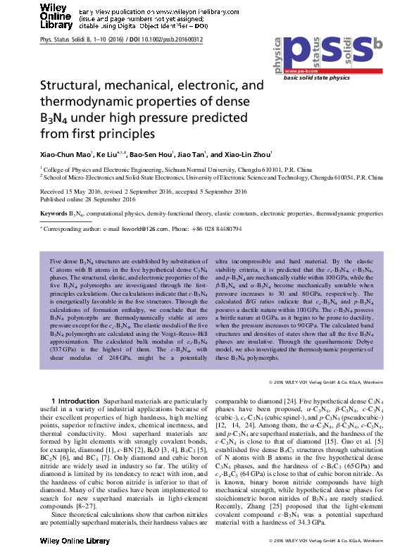 (PDF) Structural, mechanical, electronic, and thermodynamic properties of dense B3N4under high ...