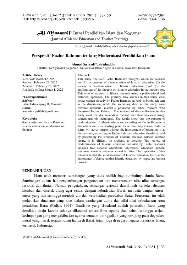 (PDF) Perspektif Fazlur Rahman tentang Modernisasi Pendidikan Islam