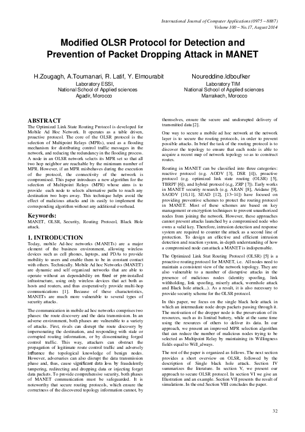 (PDF) Modified OLSR Protocol for Detection and Prevention of Packet Dropping Attack in MANET