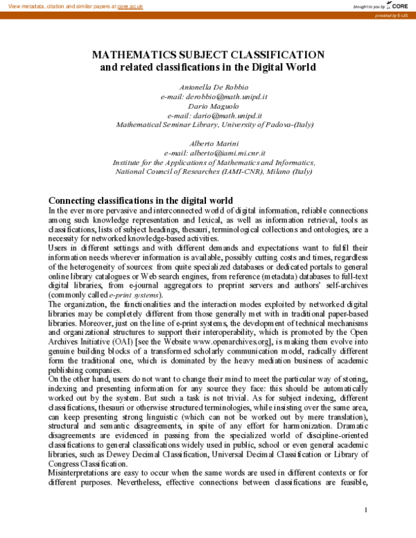 (PDF) Mathematics Subject Classification (MSC) and related Schemes in ...