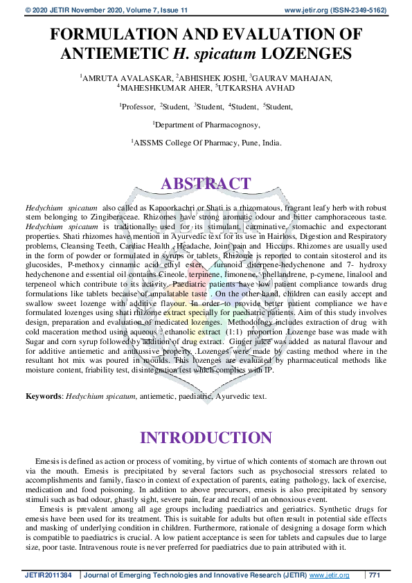 (PDF) Formulation And Evaluation Of Antiemetic H. spicatum Lozenges
