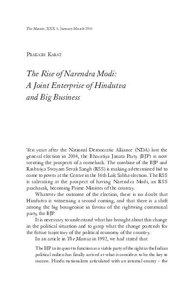(PDF) The Rise of Narendra Modi: A Joint Enterprise of Hindutva and Big ...
