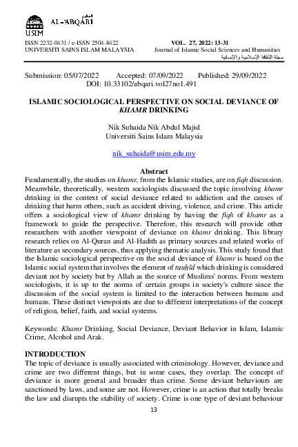 (PDF) Islamic Sociological Perspective on Social Deviance of Khamr Drinking