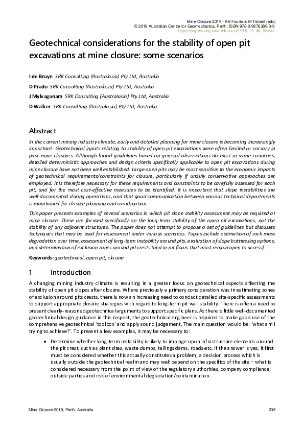 (PDF) Geotechnical considerations for the stability of open pit excavations at mine closure ...
