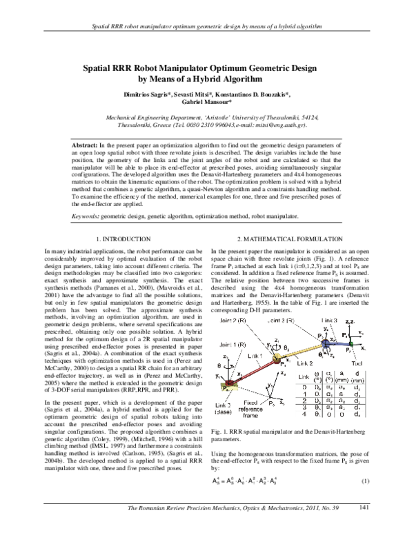 Pdf Spatial Rrr Robot Manipulator Optimum Geometric Design By Means Of A Hybrid Algorithm